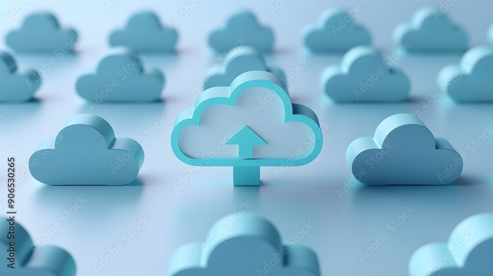 Multiple cloud icons with an upload symbol, representing cloud ...