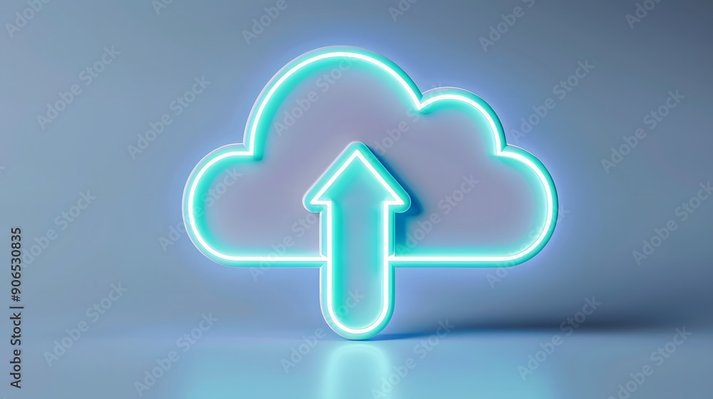 Neon cloud symbol with an upward arrow, representing file upload, data storage, and cloud ...