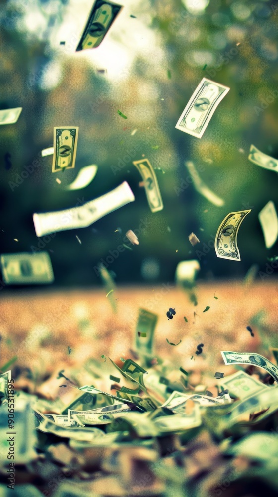 Falling dollar bills in a blur background depicting financial abundance ...