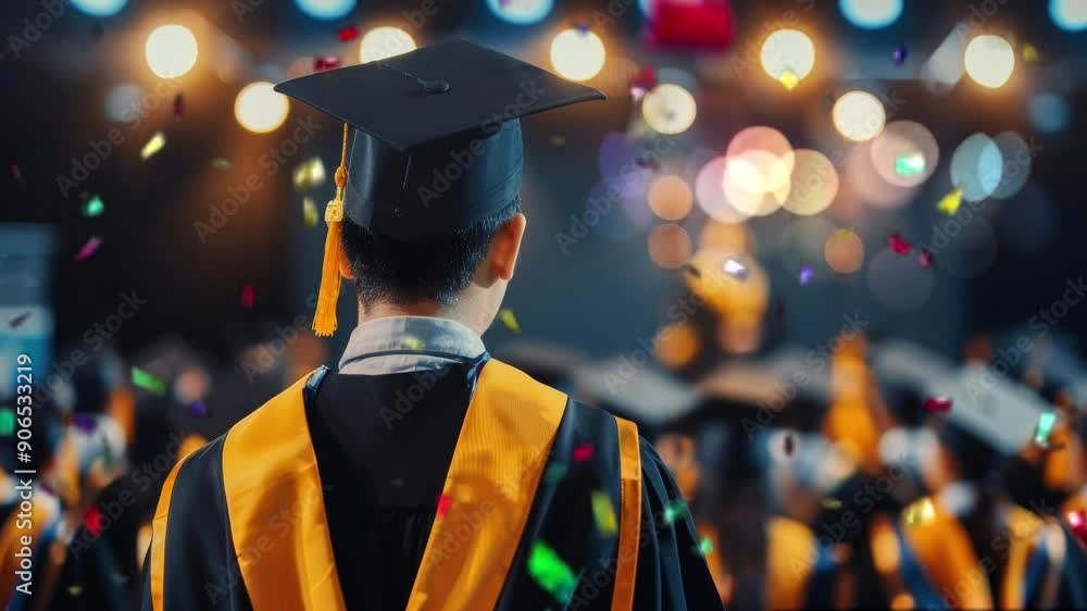 ceremony of school or collage graduation with falling confetti, happy ...