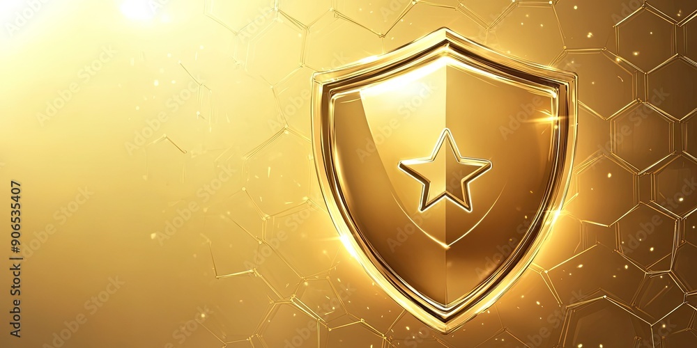 transparent shield with star mark icon, light and hexagon pattern on ...