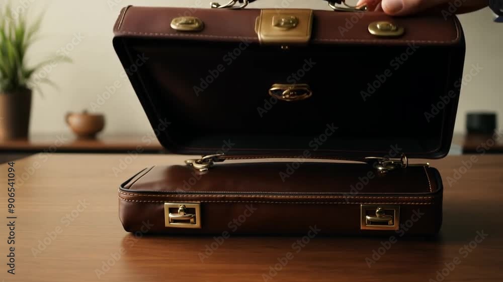 A leather double-layer briefcase sits on the office table. It is a ...