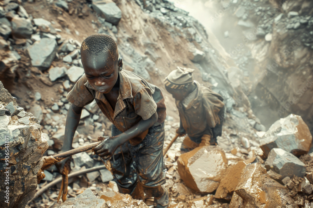 Two children strive to lift heavy rocks up a steep, muddy incline in a ...