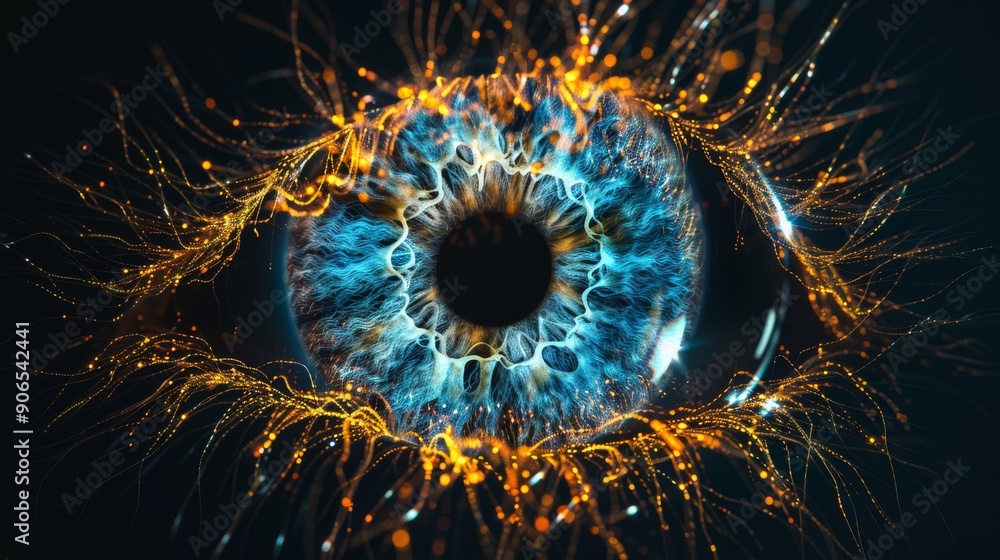 Cosmic Gaze: A mesmerizing blue iris bursts with vibrant orange and ...