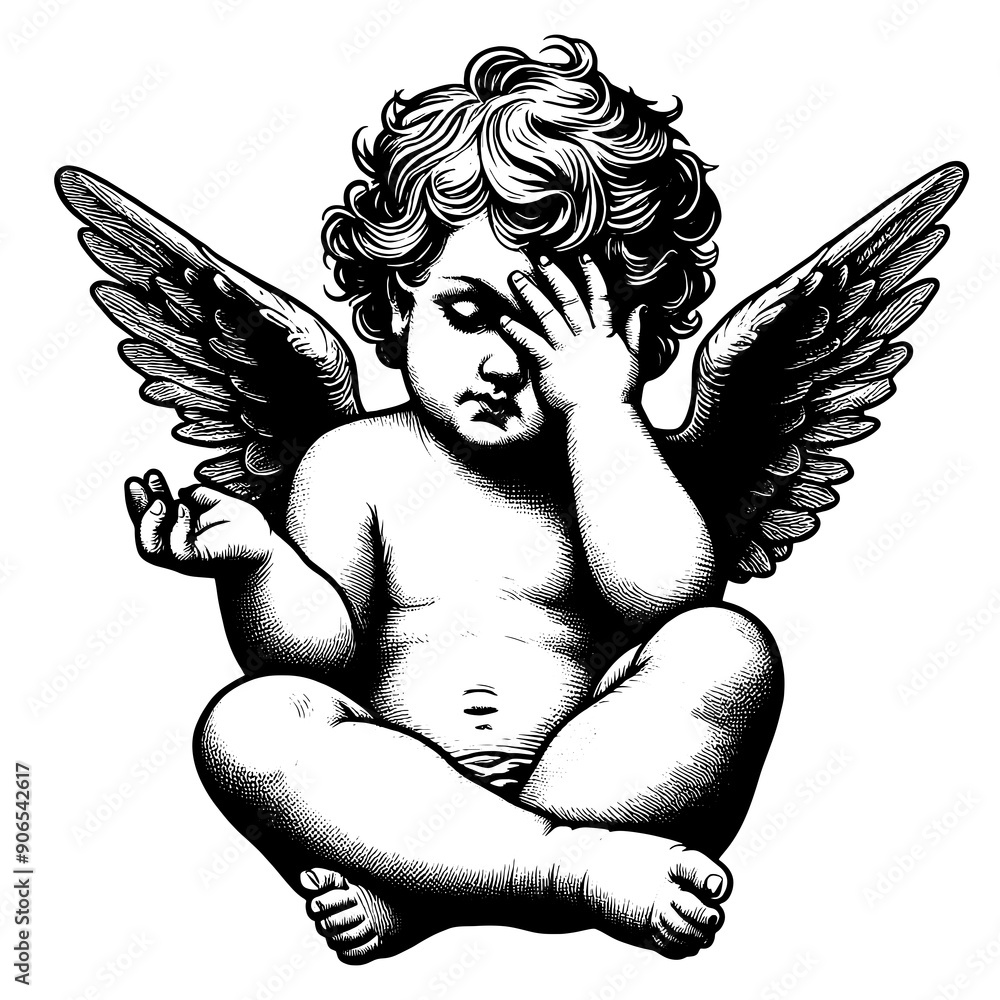 cherub angel with a halo, sitting and facepalming, frustration or ...