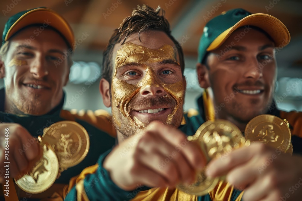 Three jubilant athletes smile in celebration, proudly wearing their ...
