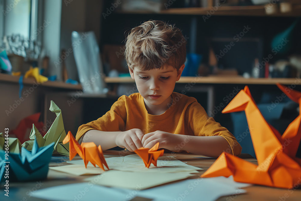 An illustration of a child making origami animals from paper, capturing ...