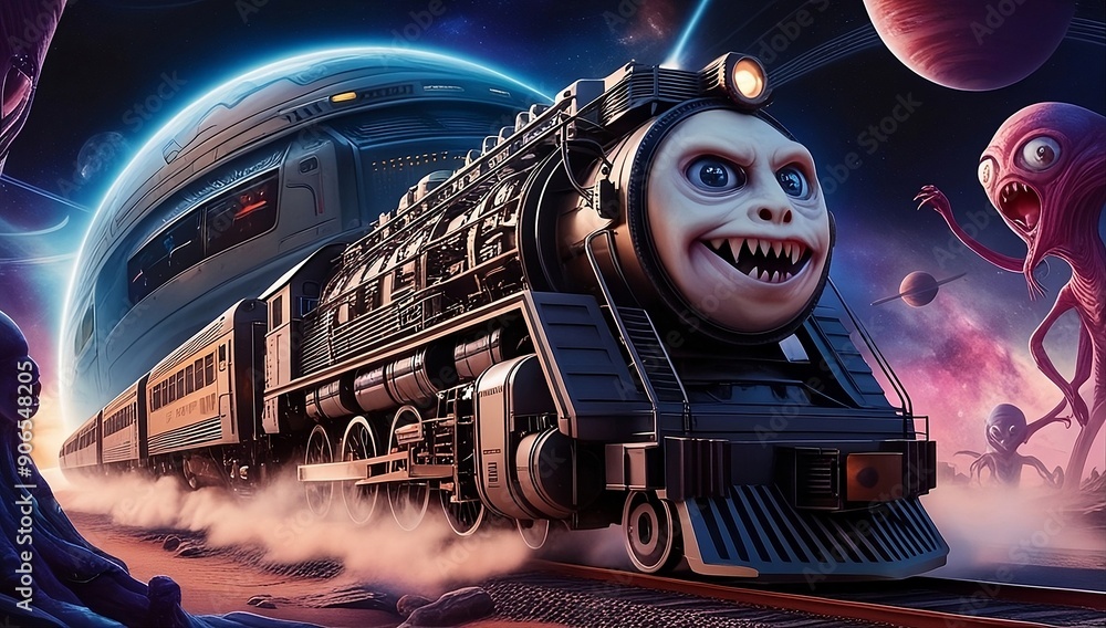 hi-tech express train, barrels through the galaxy. train's industrial ...