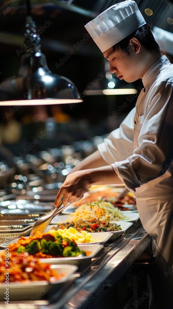 Busy kitchen scene: chefs in white uniforms prepare Asian cuisine with ...