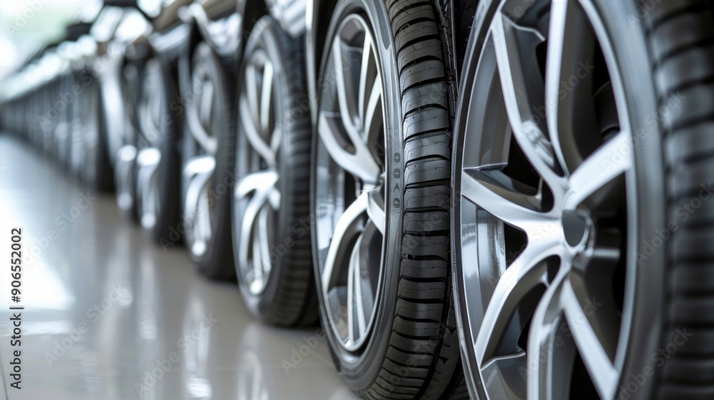 A clean, modern image of 10 car tires on wheels in a showroom. Focus on ...