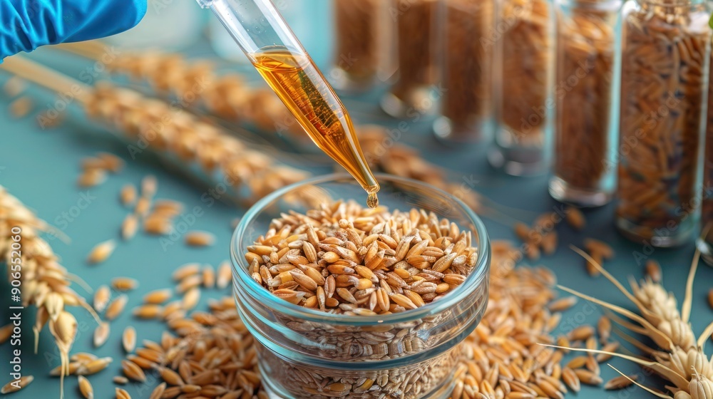 Wheat grain and wheat ears on a laboratory table. Analysing ...