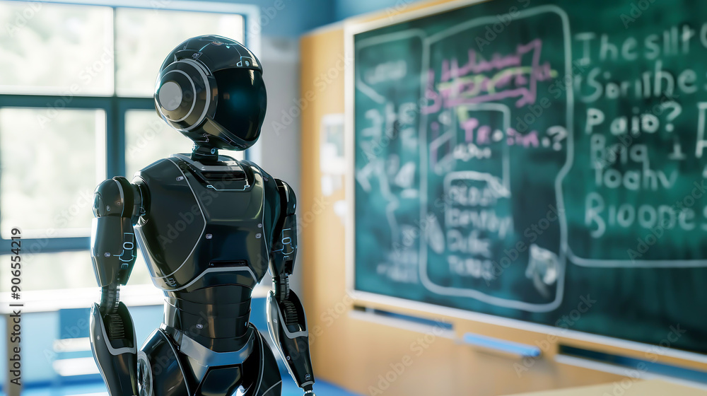Realistic humanoid educational robot teacher standing in front of ...