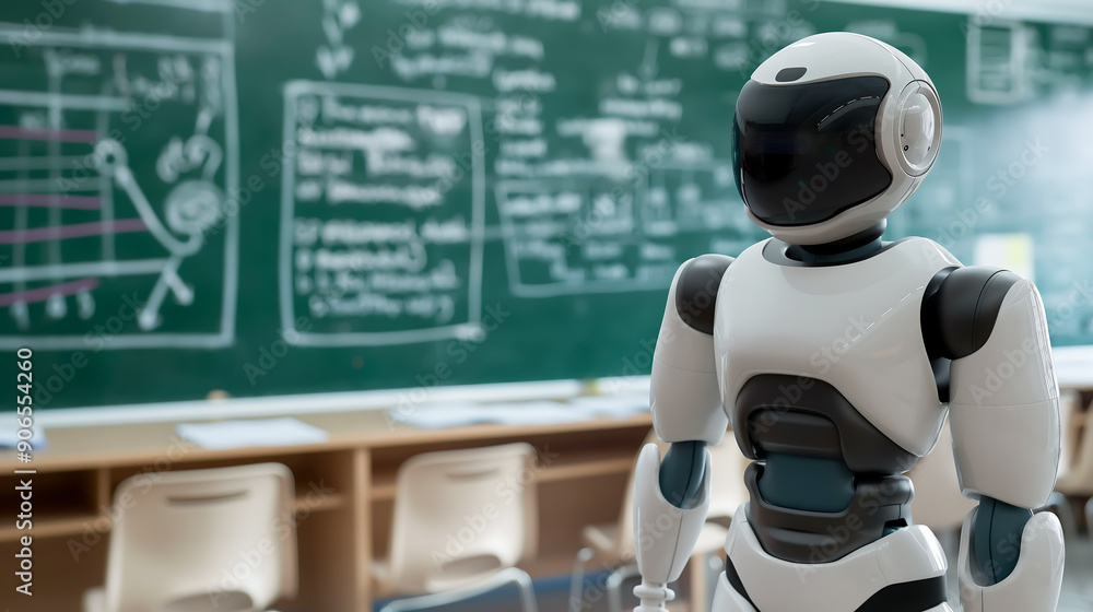 Realistic humanoid educational robot teacher standing in front of ...