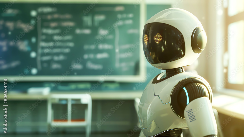 Realistic humanoid educational robot teacher standing in front of ...