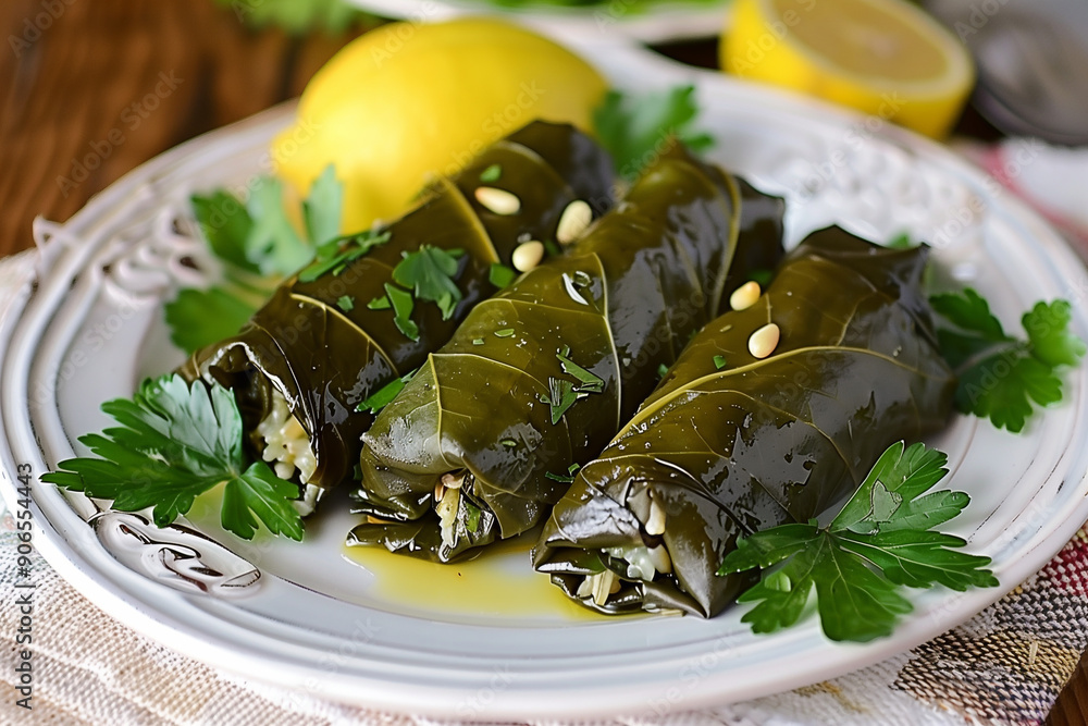 Delicious dolma (sarma) stuffed grape leaves rice, white yogurt sauce ...