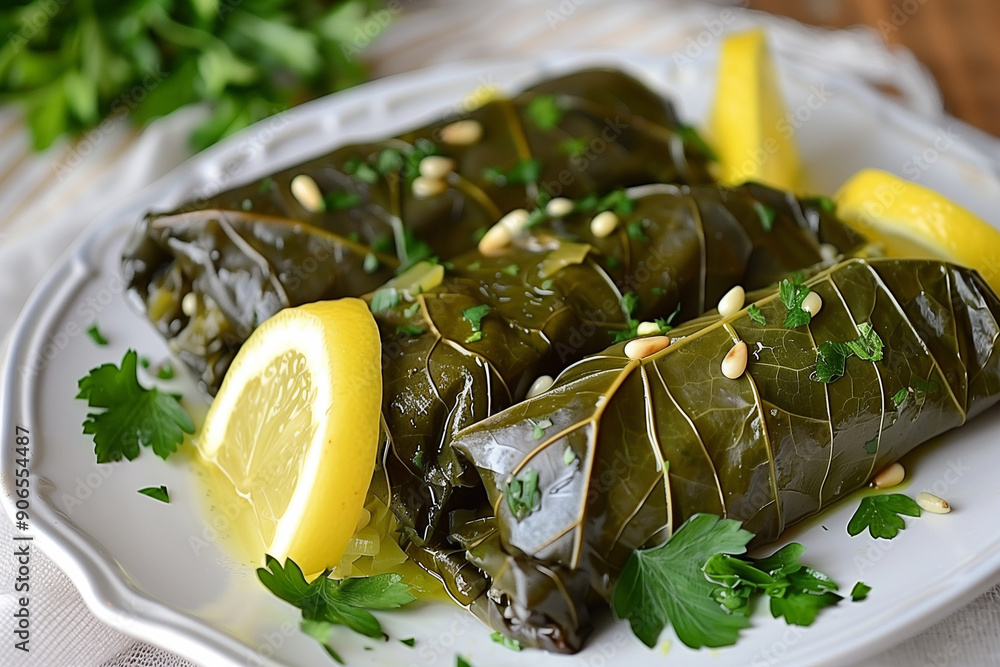 Delicious dolma (sarma) stuffed grape leaves rice, white yogurt sauce ...