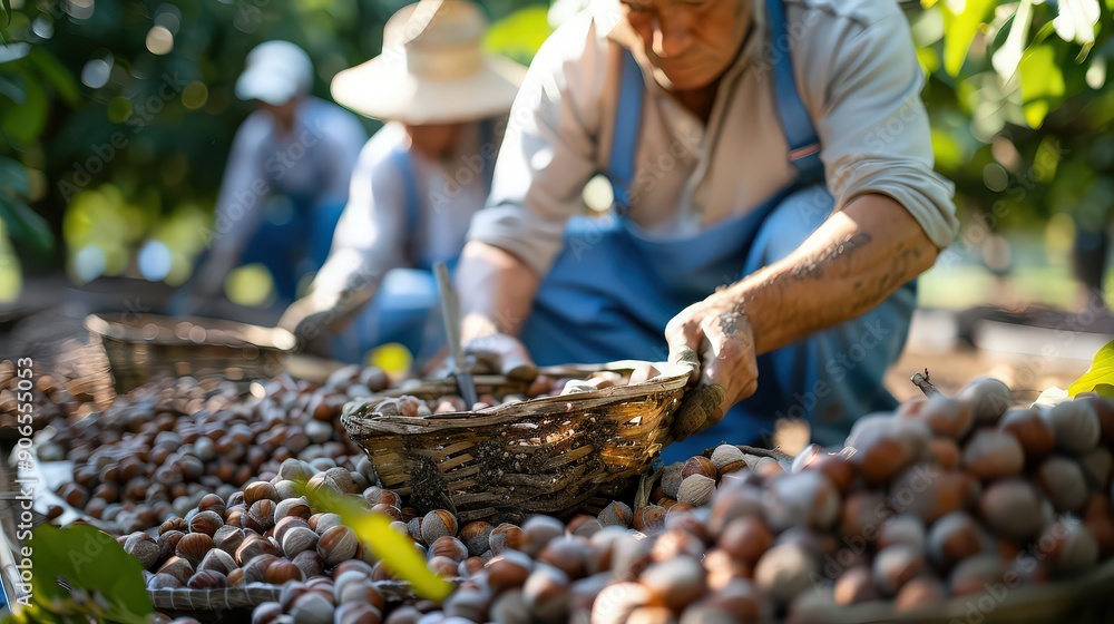 detailed scene of people harvesting nuts, featuring individuals using ...