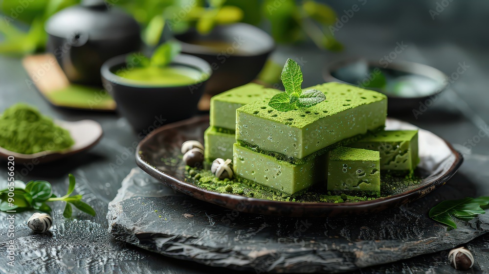 stylish presentation of Japanese sweets featuring matcha, including ...