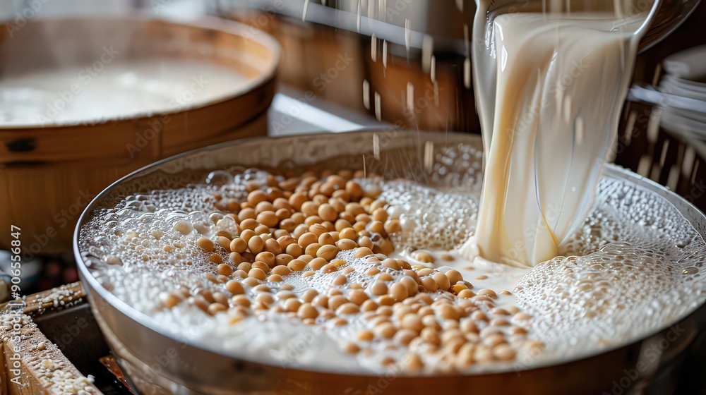 kitchen scene depicting the process of making soy milk from scratch ...