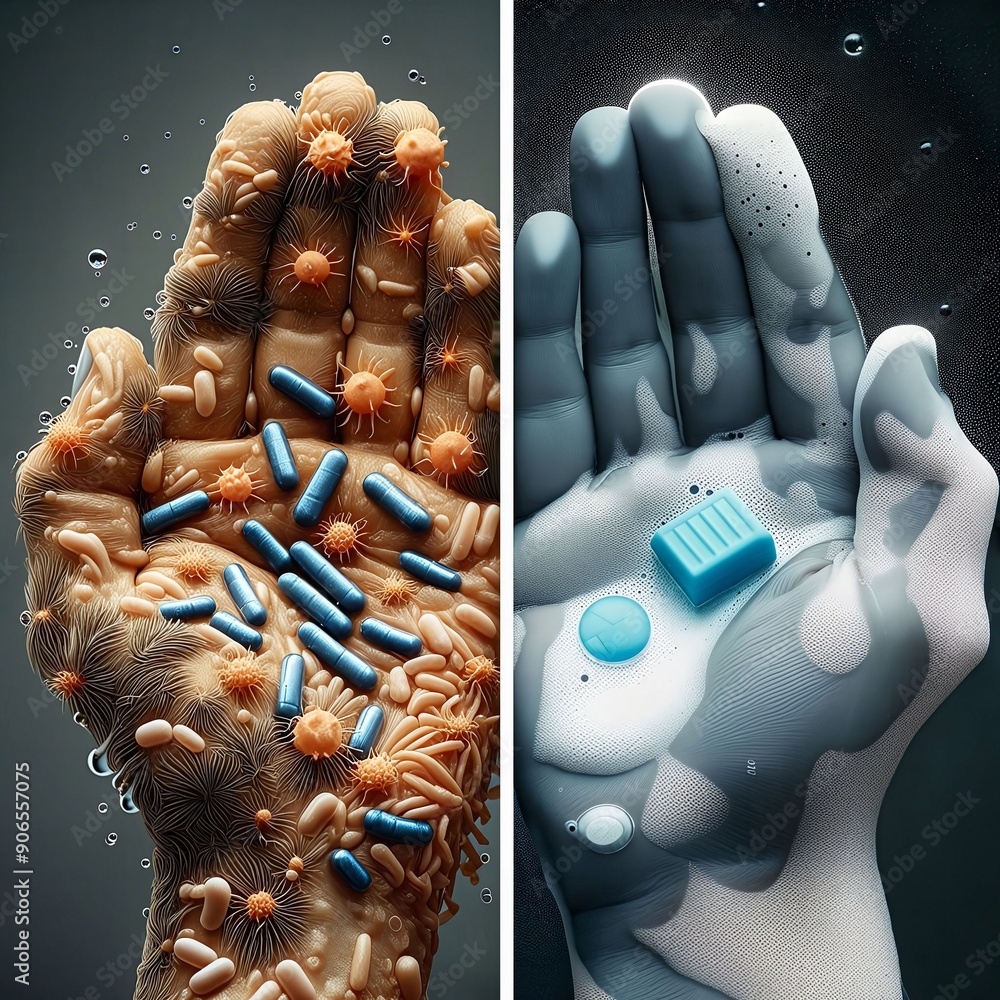 Split-image of hands left side is covered in bacteria and microbes ...