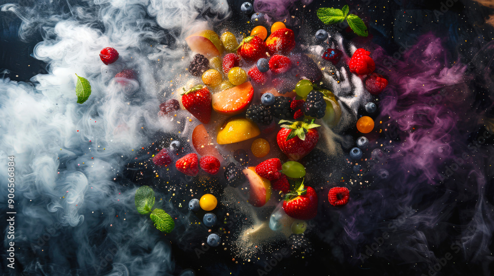 Berry and fruit mix in a mystical thick colored smoke on a black ...