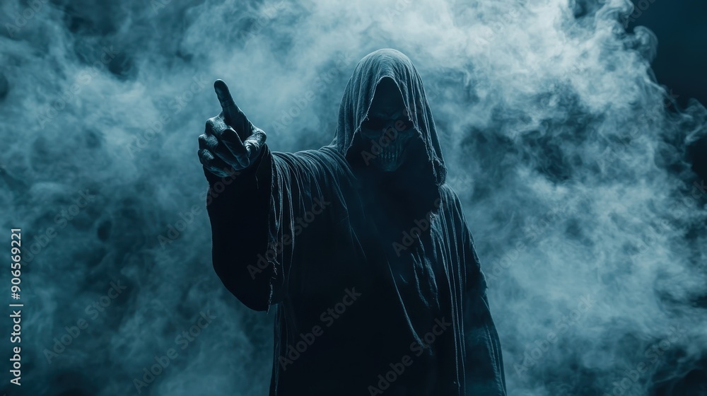 Grim reaper in dark robes pointing forward, shrouded in eerie smoke ...