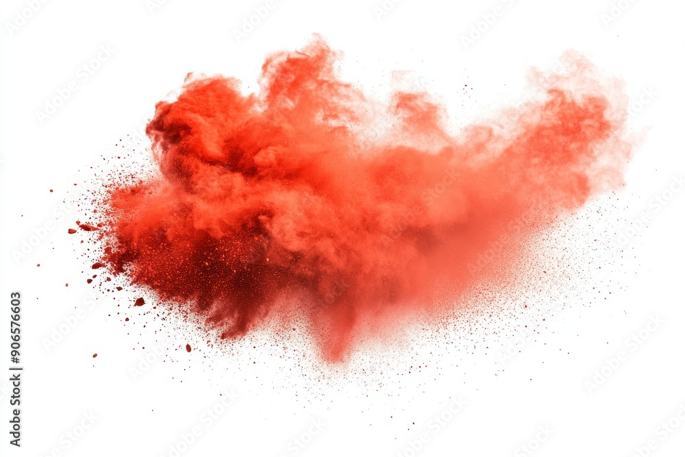 It depicts an explosion of red paint color powder against a transparent ...