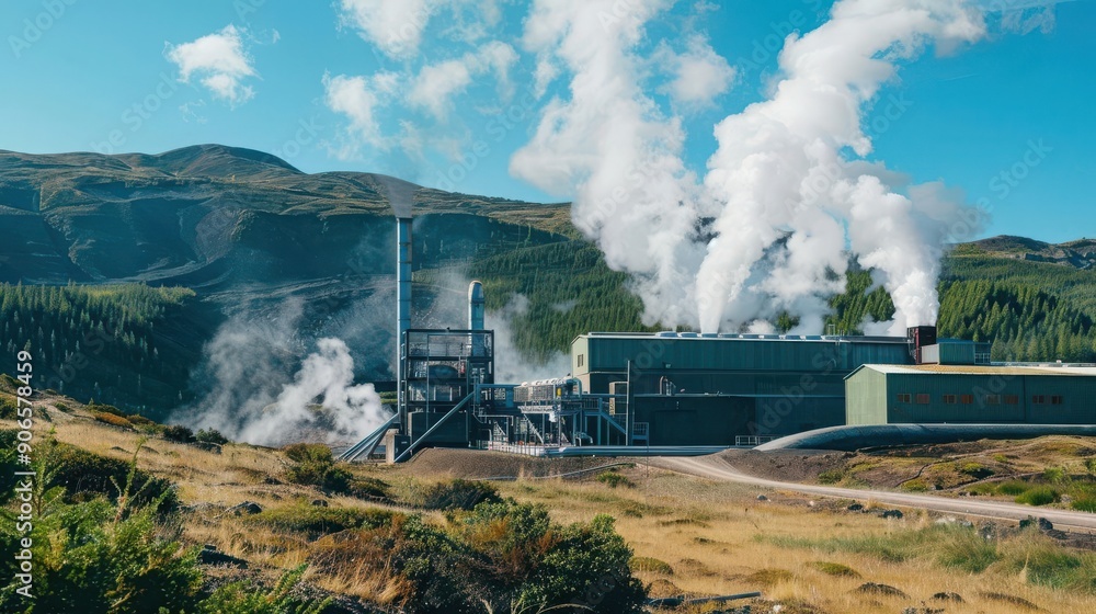 Earthpowered geothermal plant, steam energy production, front view ...