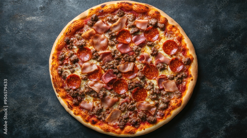 Top view of a meat lovers pizza with an assortment of pepperoni ...