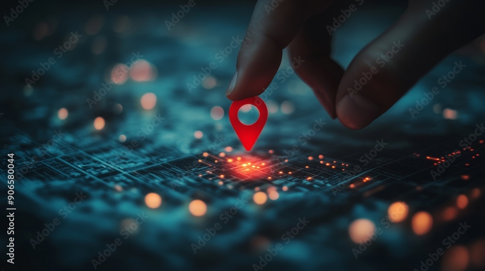 Using a digital hand, two pins are placed on a map, symbolizing GPS ...