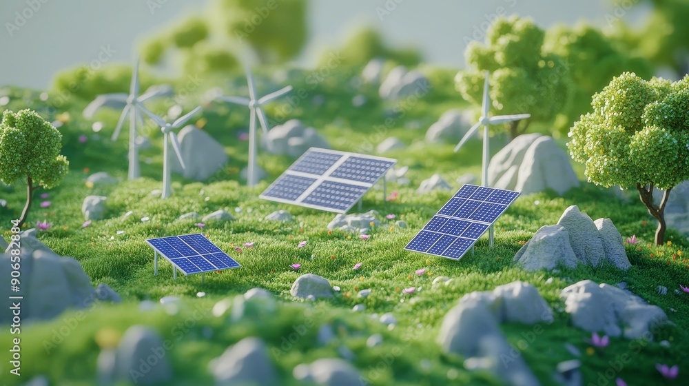 A clean energy concept depicting a tree and earth globe with a solar ...