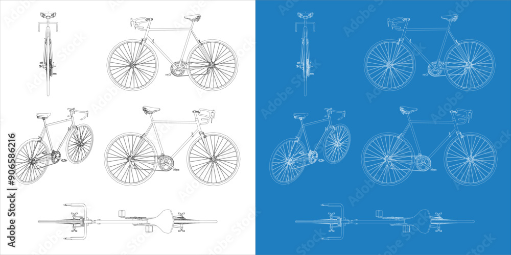 Poster Classic road bike line technical drawing blueprint, vector ...