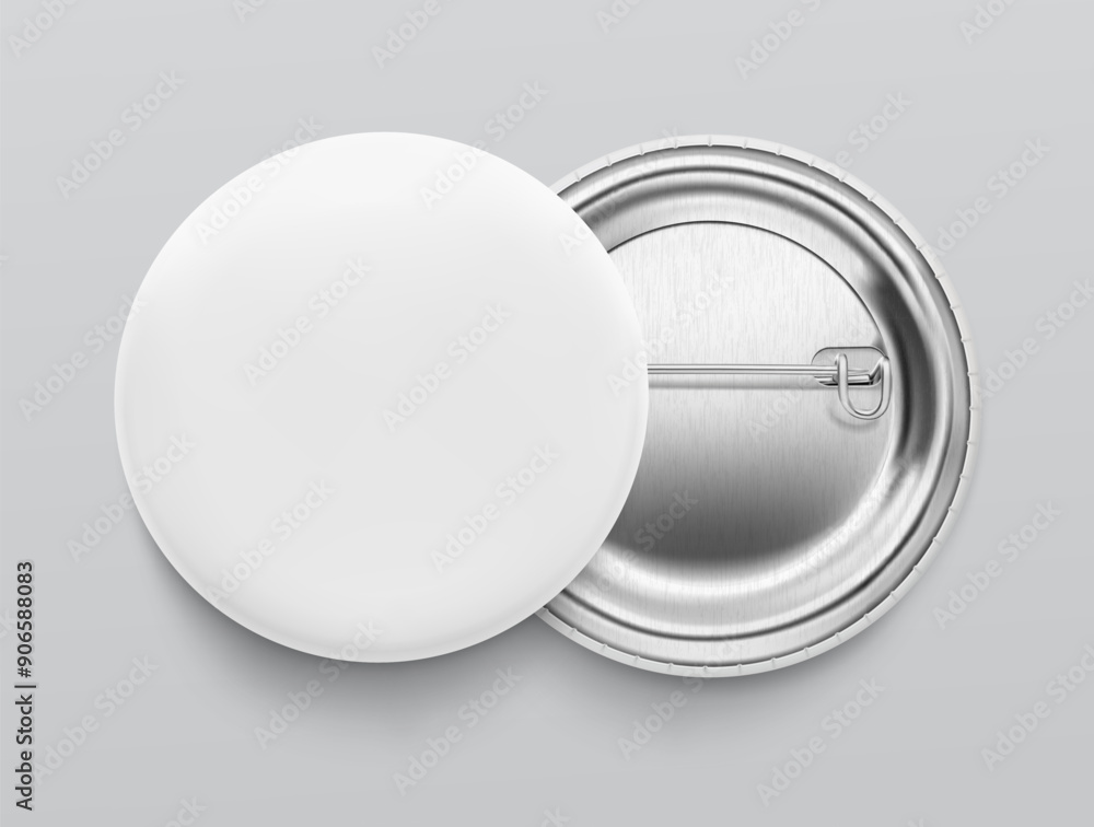 White pin button badge mockup. Vector illustration isolated on grey ...