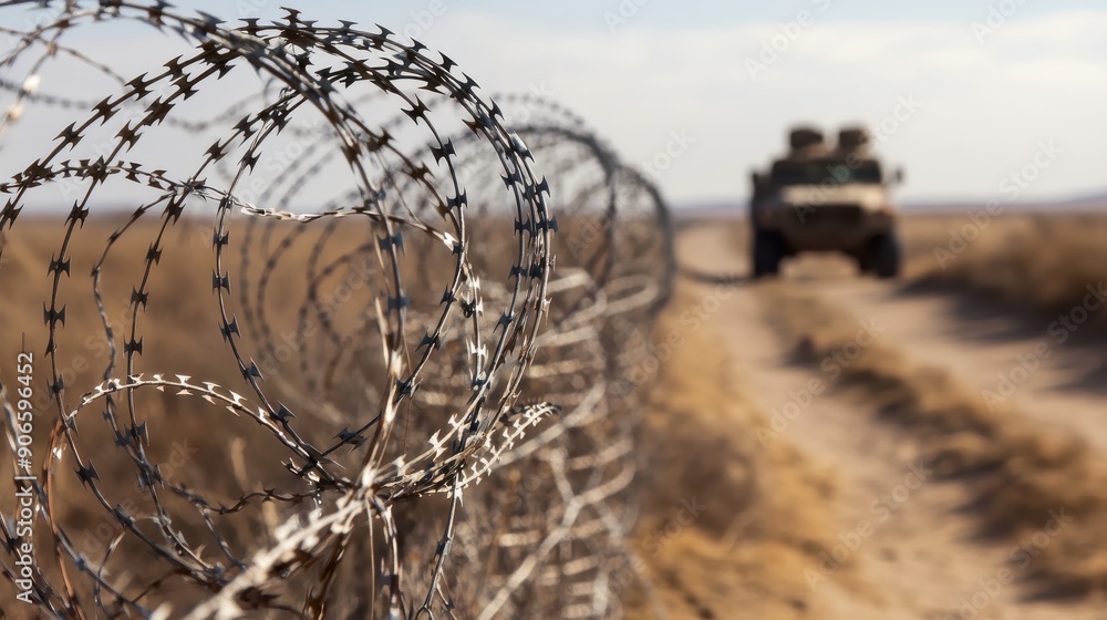 Detailed view of barbed wire along a fence, symbolizing security and ...