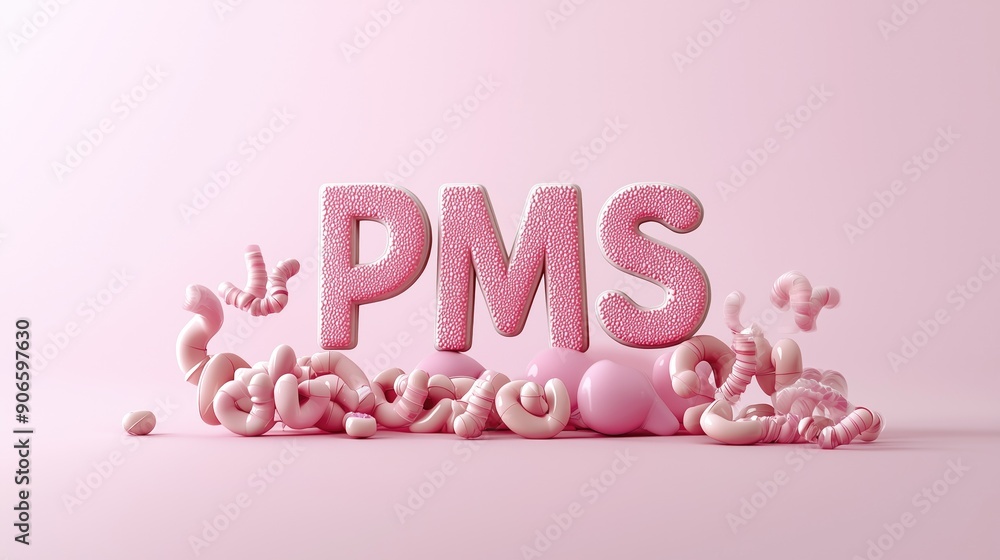 Pink PMS text with playful abstract shapes in a pastel background ...