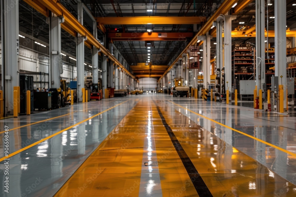 This image showcases a large, empty industrial warehouse with polished ...
