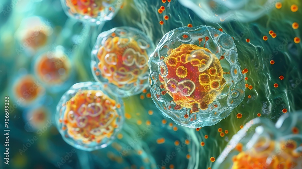 Lysosomes digesting cellular waste, top view, depicting the breakdown ...