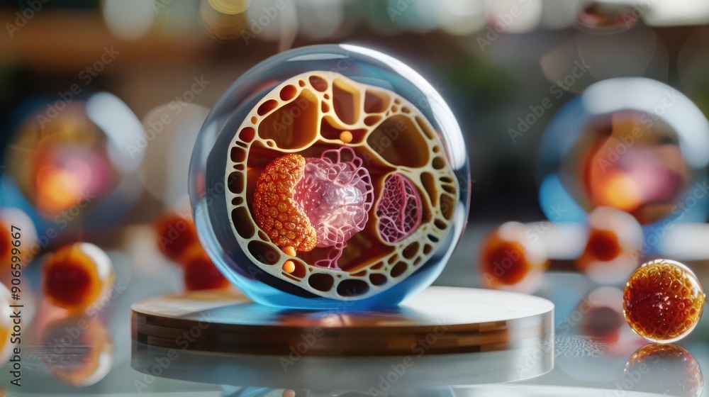 Organelles in animal cells, front view, highlighting the endoplasmic ...