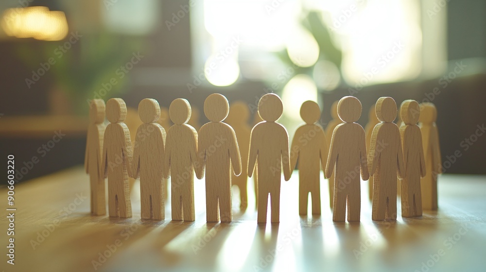 Group of wooden human figures standing in a circle representing ...