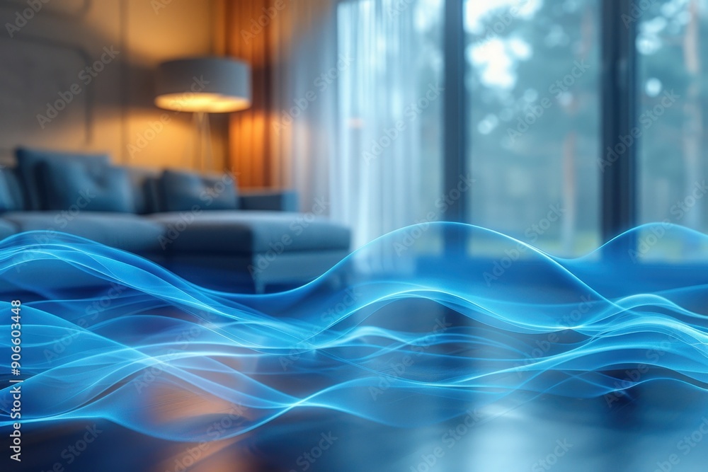 Blue sound waves and air flow in the living room with blurred home ...