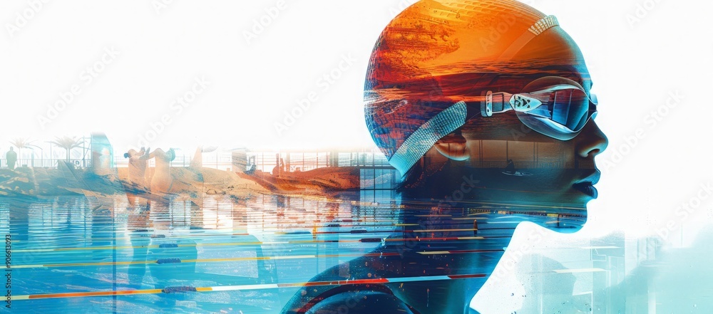 Double exposure illustration of a female swimmer in a swimming pool ...
