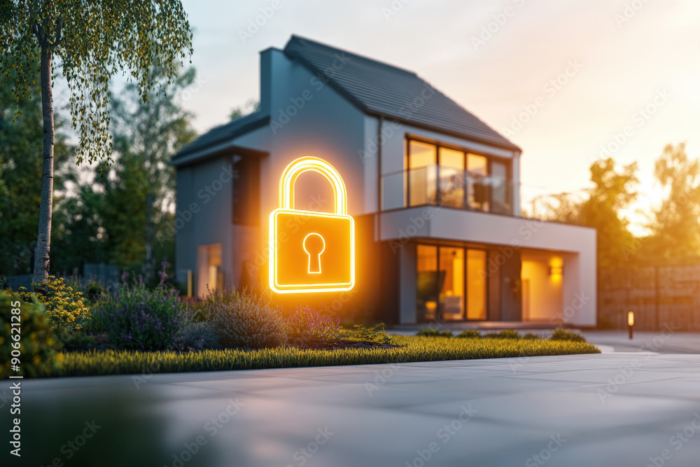 Luminous padlock is glowing in front of a modern house with lights on ...
