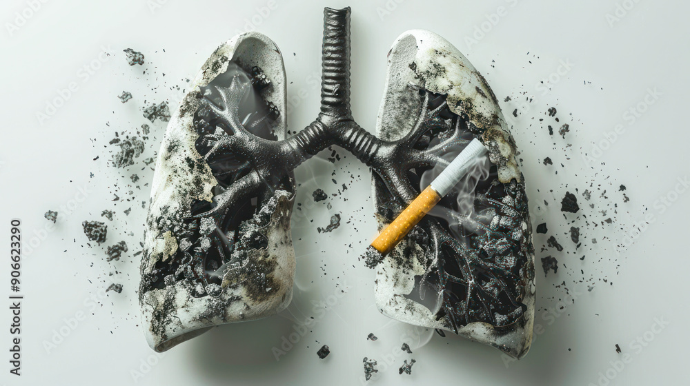 Human lungs damaged by tobacco and cigarette smoking poster. Lungs made ...