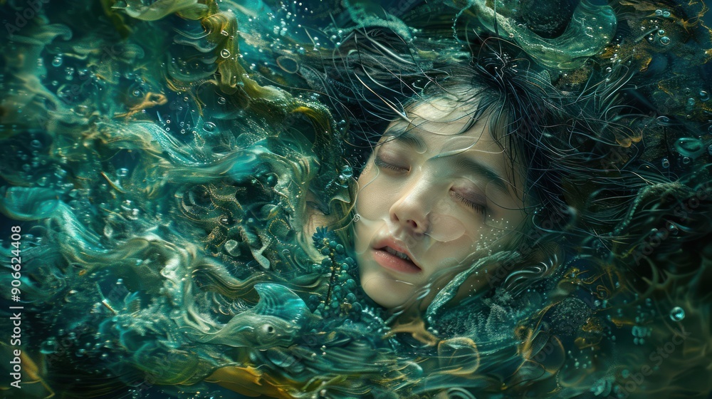 Surreal Underwater Dreamscape A Young Woman Submerged in a Sea of ...