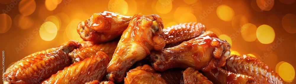 Deliciously glazed chicken wing pile with a warm, inviting background ...