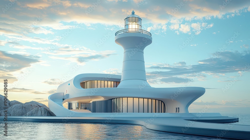 Abstract lighthouse design in urban setting, blending traditional ...