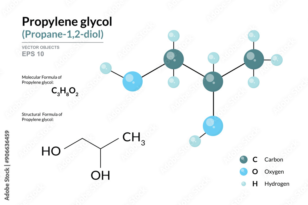 Propylene glycol. Structural Chemical Formula and 3d Model of Molecule ...