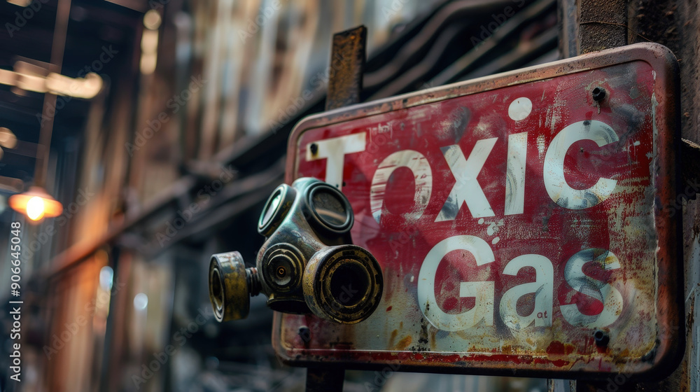 Sign with "Toxic Gas" and a gas mask symbol, Warning sign, chemical ...