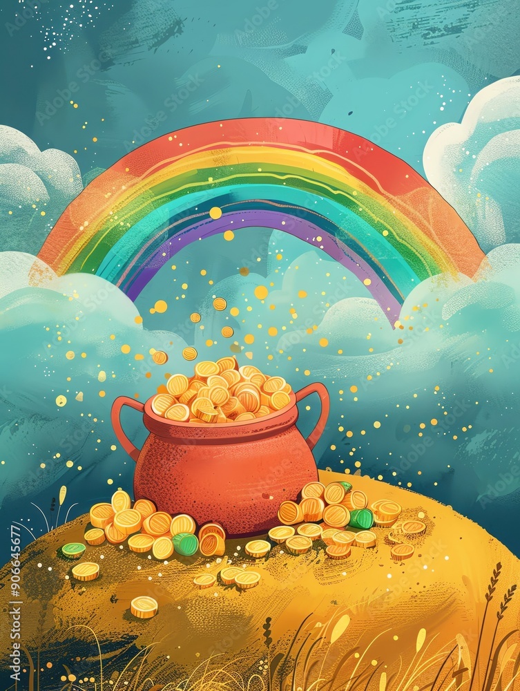 An illustration of a pot of gold at the end of a rainbow, representing ...