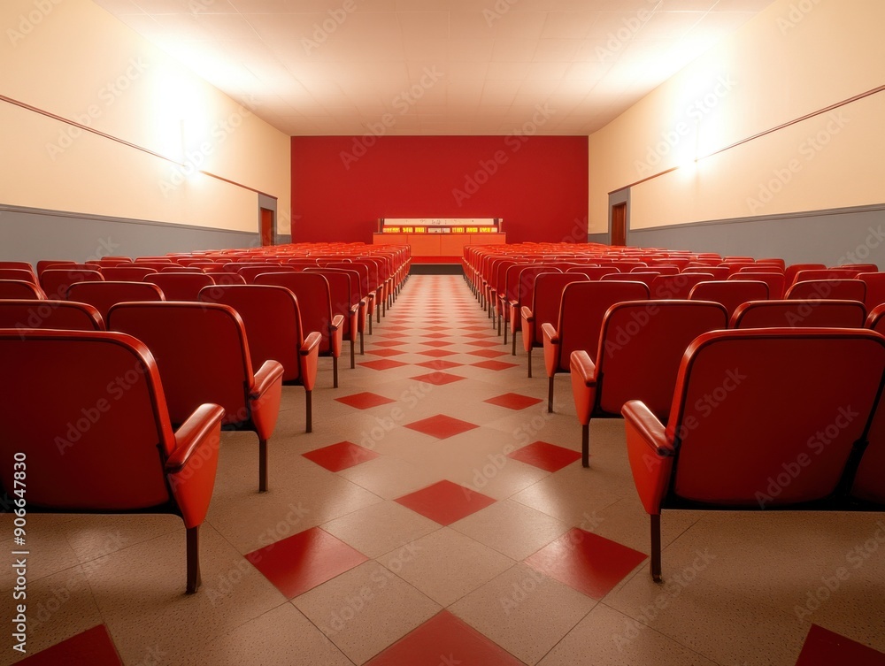 Vibrant red theater interior with rows of seats and colorful floor ...